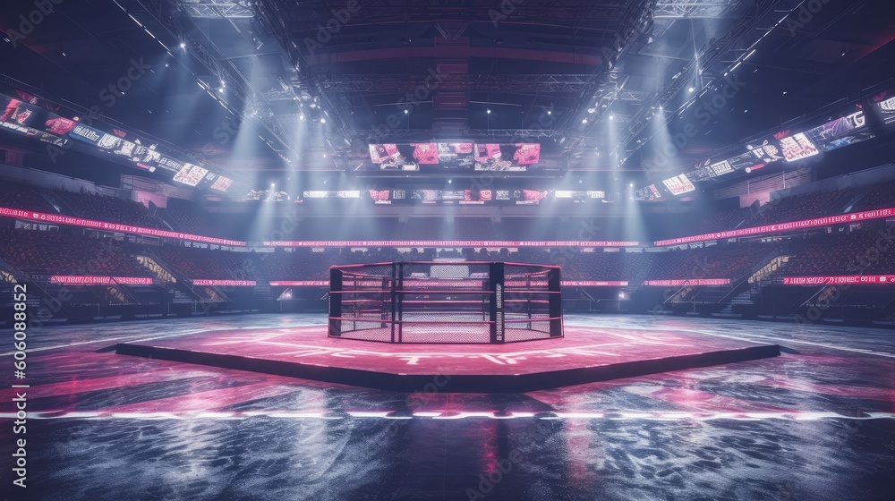 Admire an MMA stadium primed for action, the fight ring echoing ...