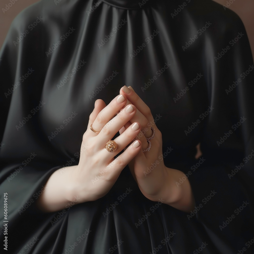 Female caucasian hands with rings and jewelry are folded in a gesture ...