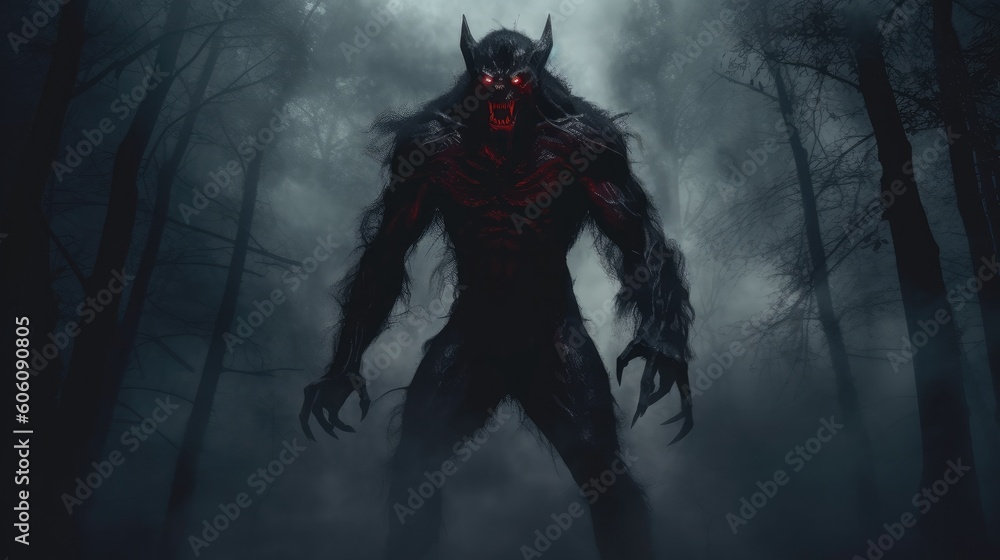 Sinister werewolf with red eyes in gloomy night forest shrouded in mist ...