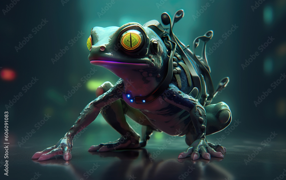A futuristic frog with augmented reality implants and a vibrant neon ...