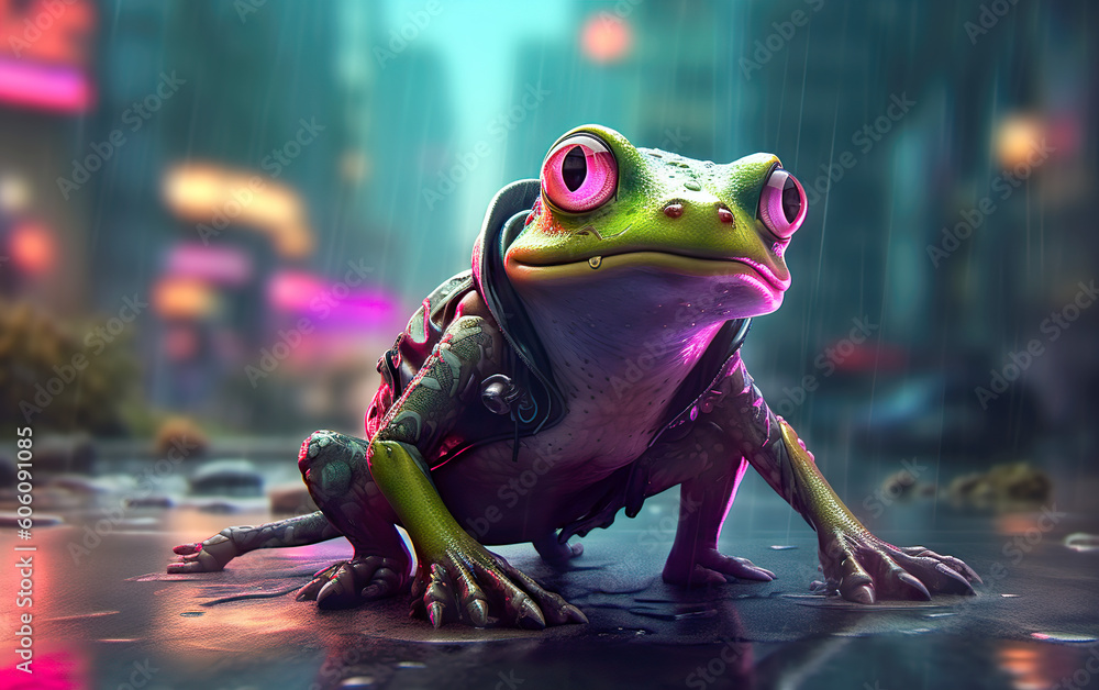 A futuristic frog with augmented reality implants and a vibrant neon ...
