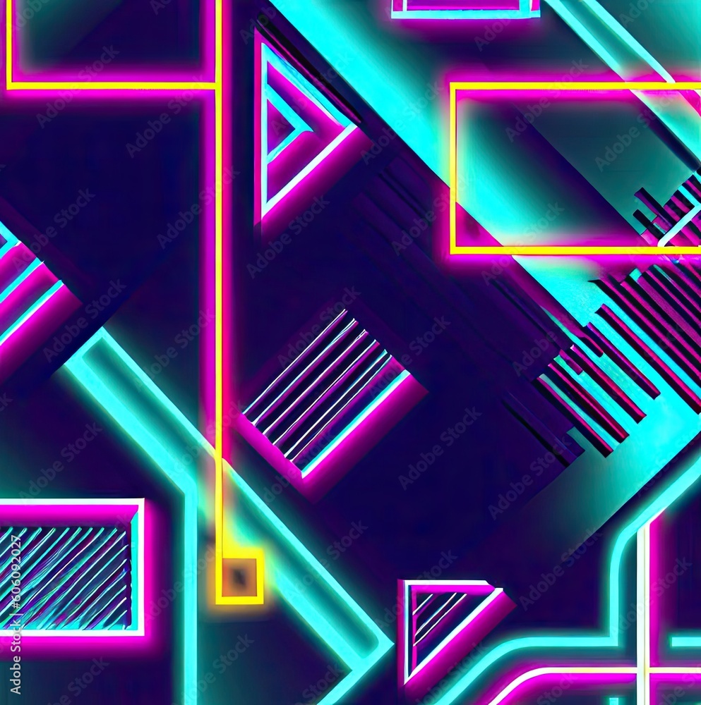 Geometric shapes of different shapes and colors in neon Stock ...