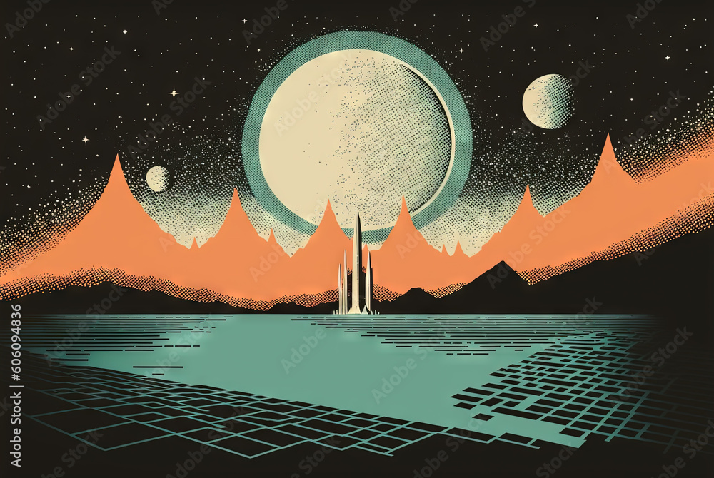 Retro styled sci-fi landscape with mountains. Retro futuristic science ...