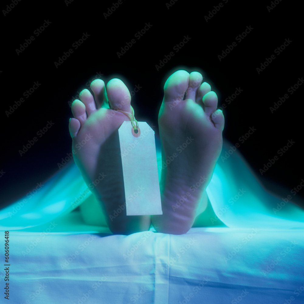 Feet of a dead corpse with an identification label in the morgue Stock ...