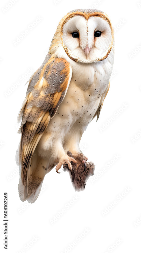 a Barn Owl, perched, side view, a nocturnal bird of prey, piercing eyes ...