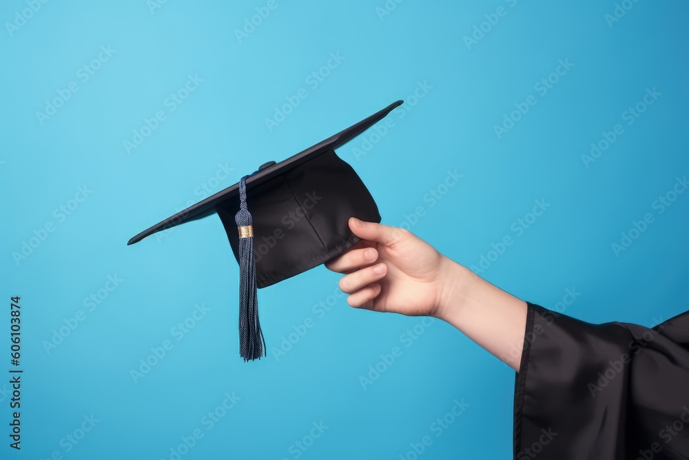 Hand holding graduation cap on blue background, Generative AI Stock ...