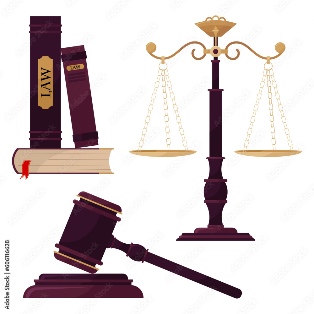 Set of illustrations of a court case. Court. Symbols of justice. Books ...