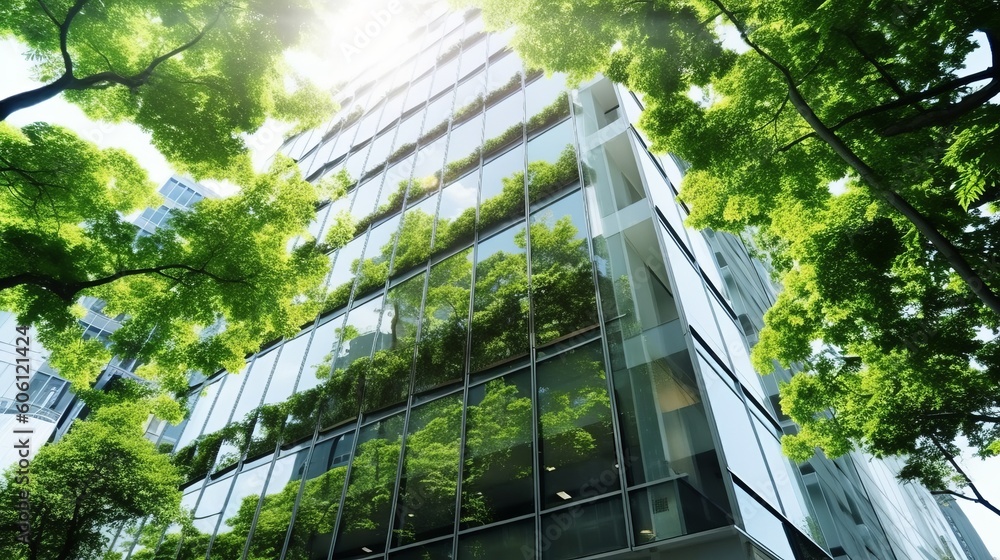 eco friendly building in the modern city. green tree branches with ...