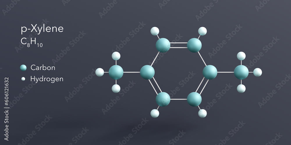 p-xylene molecule 3d rendering, flat molecular structure with chemical ...