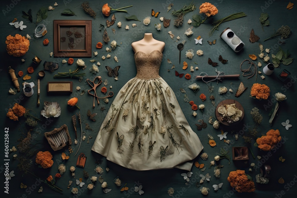 knolling fashion model dress design, catchlight, fashion color grading ...