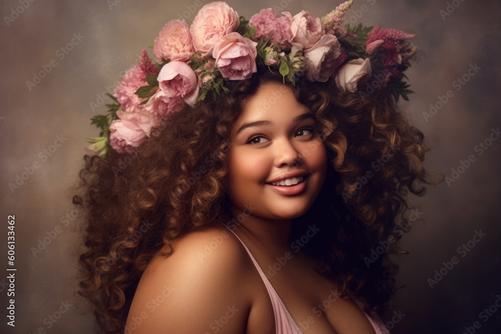 Happy beautiful young plus size model portrait with a hairstyle of ...