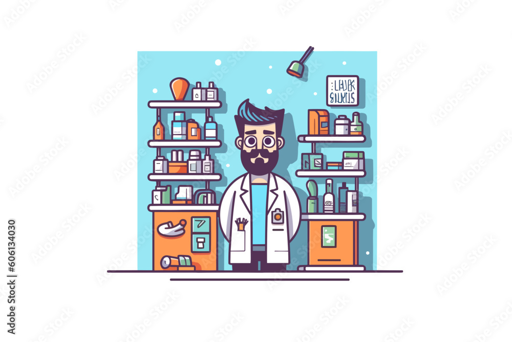 Doodle inspired Pharmacist at hospital, cartoon sticker, sketch, vector ...