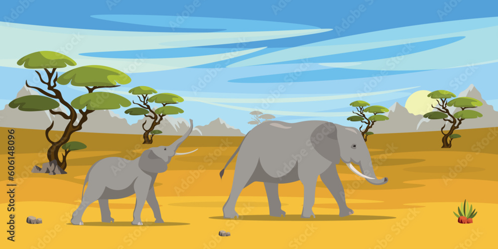 Vector illustration of African landscape. Cartoon scene of a summer ...