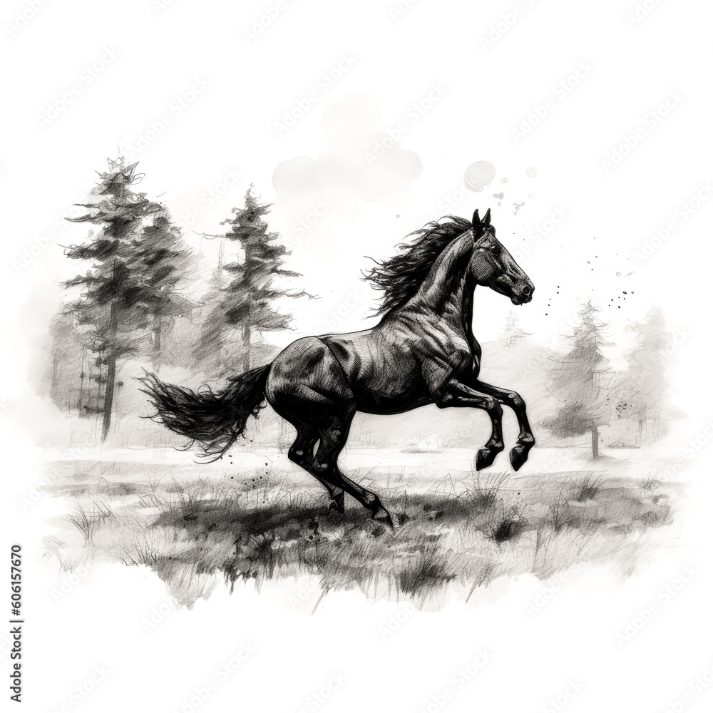The black stallion horse running was depicted through sparse English ...