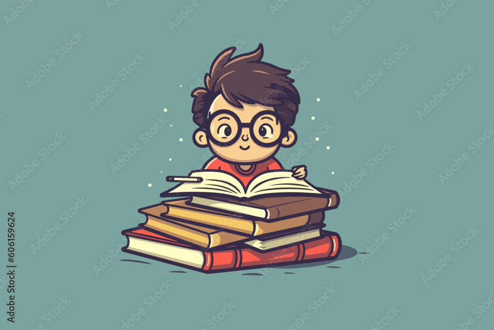 Doodle inspired Bookworm studying for exams, cartoon sticker, sketch ...