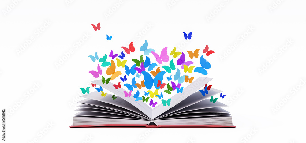 Colorful butterflies fly out from open book. Knowledge and education concept isolated on white ...