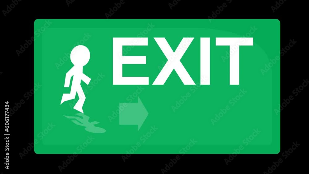 video animation green exit poster, with an arrow moving and the white ...