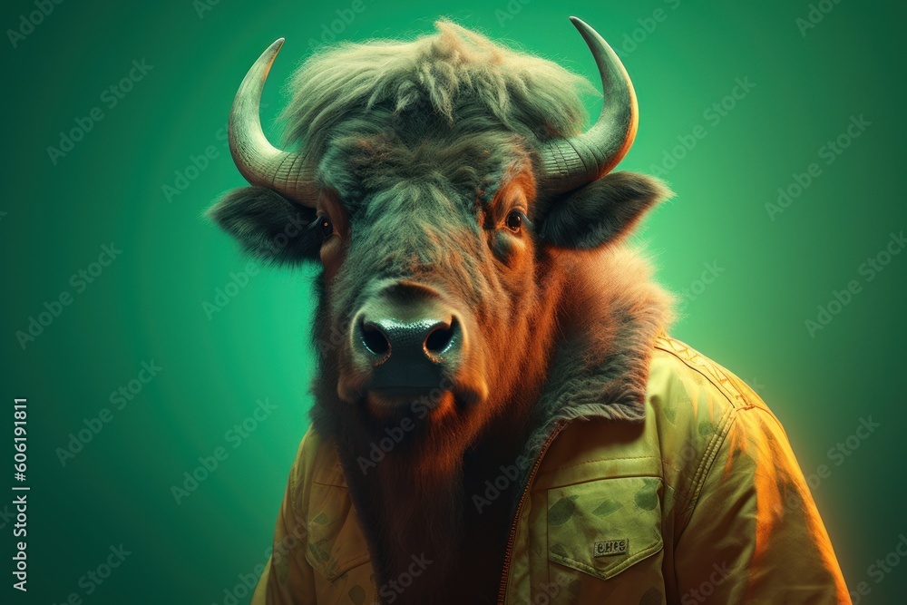 Anthropomorphic Bison dressed in human clothing. Humanized animal ...