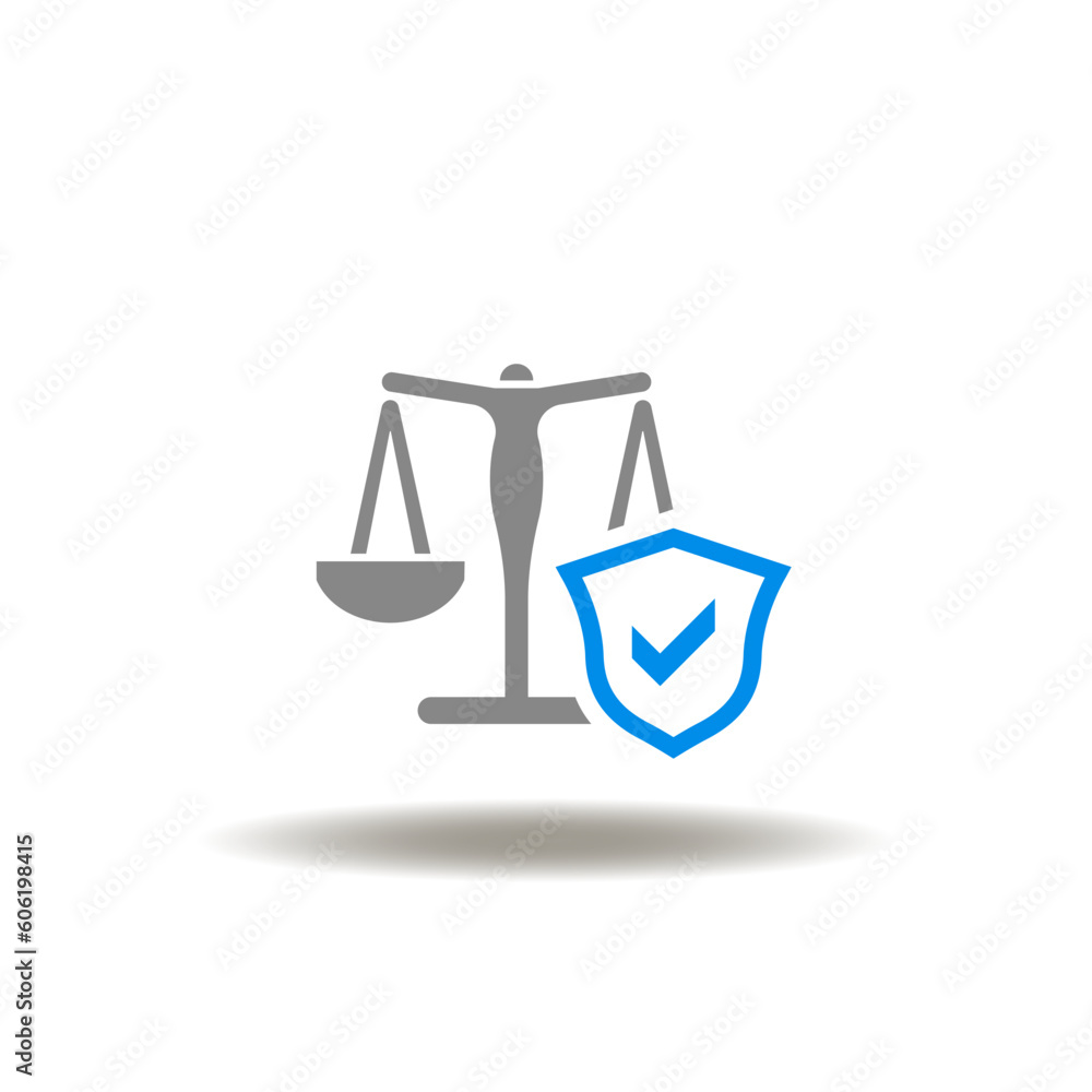 Vector illustration of scales and shield with check mark. Icon of law ...
