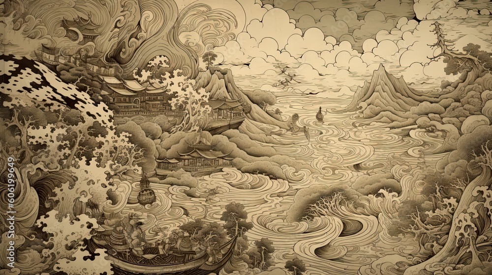 Japanese traditional Ukiyo-e very fine detail drawing with brown and ...