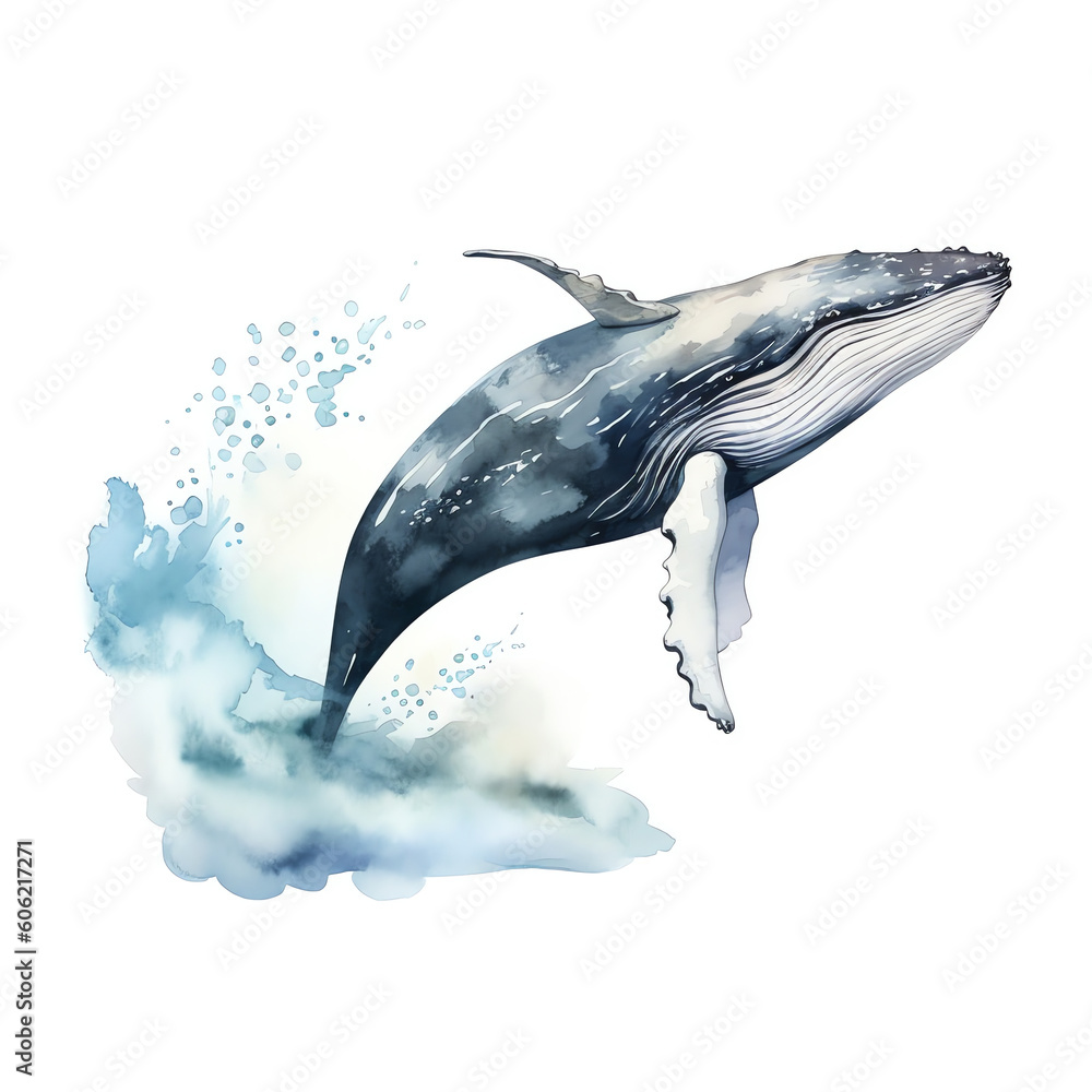 Generative AI Watercolor whale on a white background. Beautiful blue ...