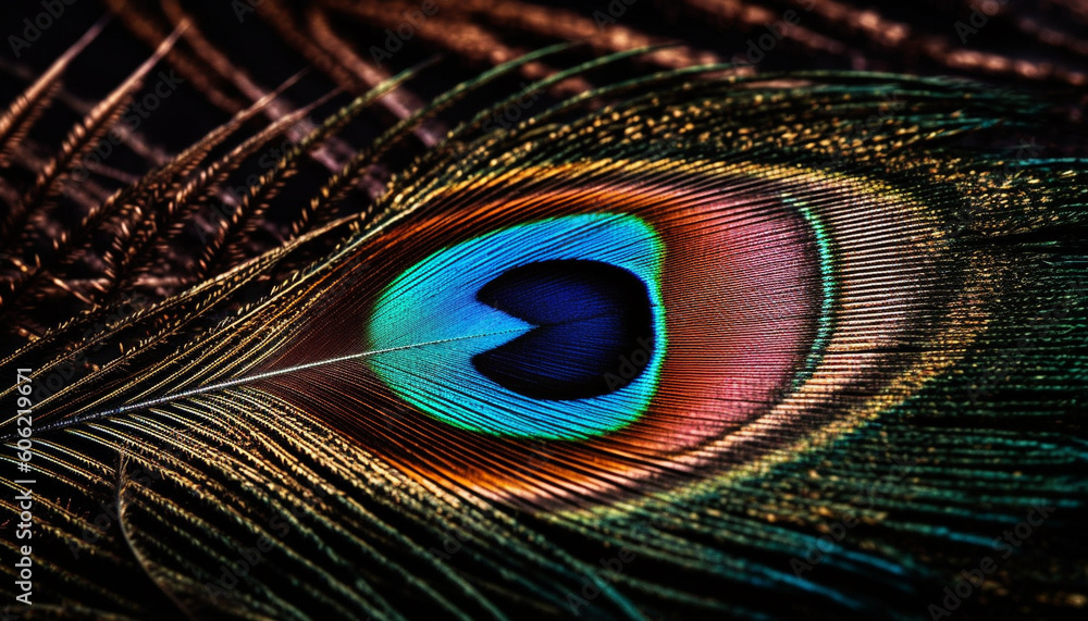Majestic peacock feather displays vibrant iridescent colors generated ...
