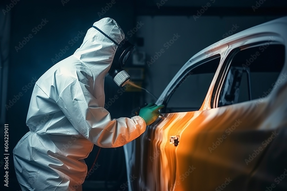 Car painter in protective clothes and mask painting a car, mechanic ...