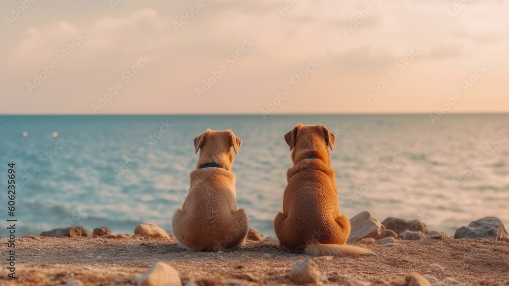 two dogs sit with their backs and look at the sea. Fawn labrador ...