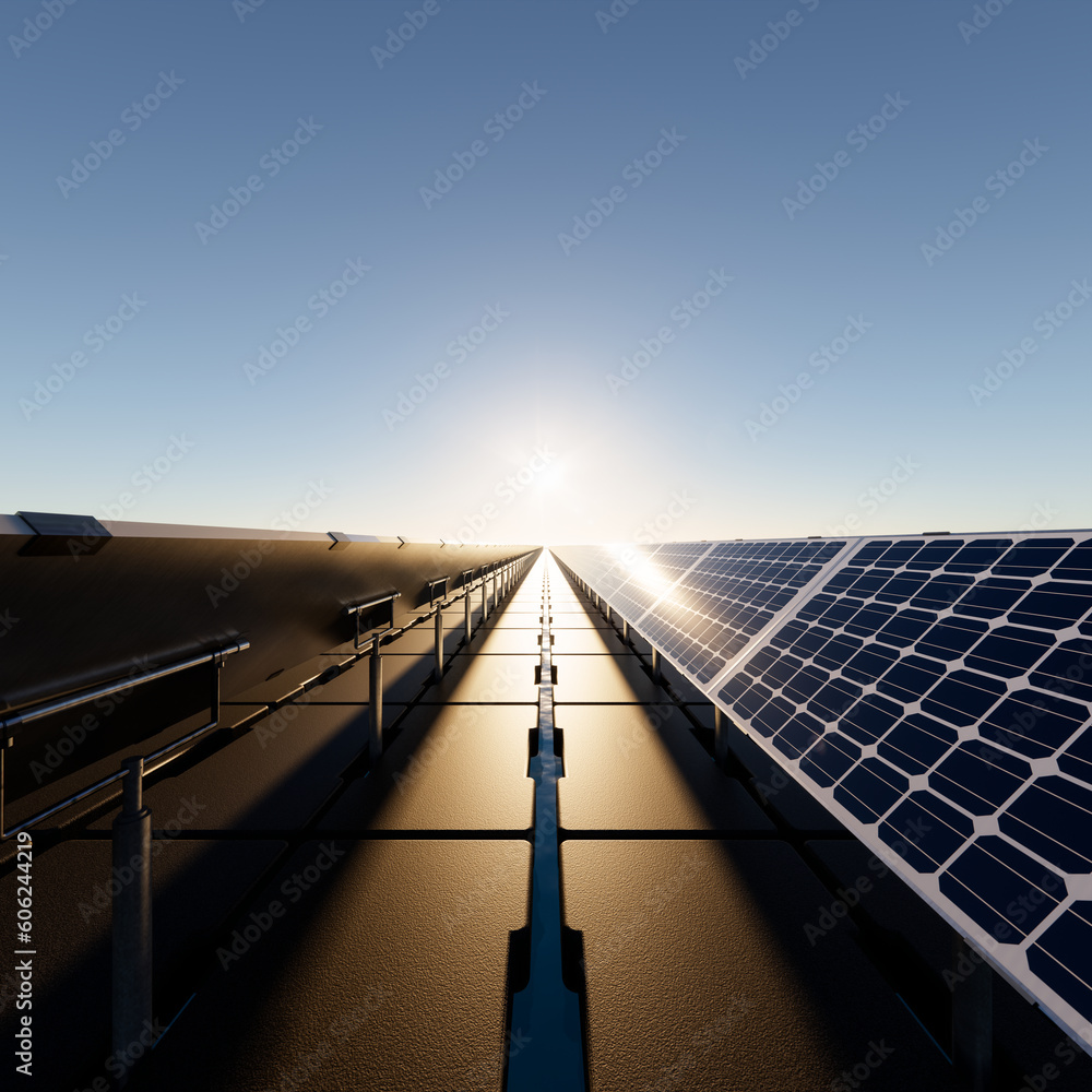 3d rendering of floating solar, floatovoltaics or solar farm consist of ...