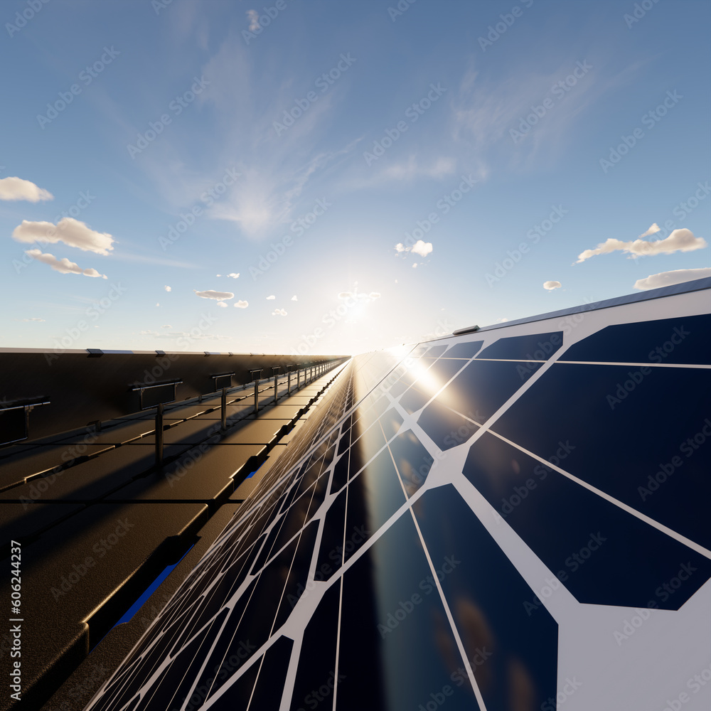 3d rendering of floating solar, floatovoltaics or solar farm consist of ...