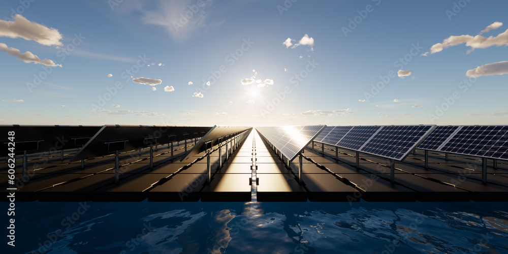 3d rendering of floating solar, floatovoltaics or solar farm consist of ...