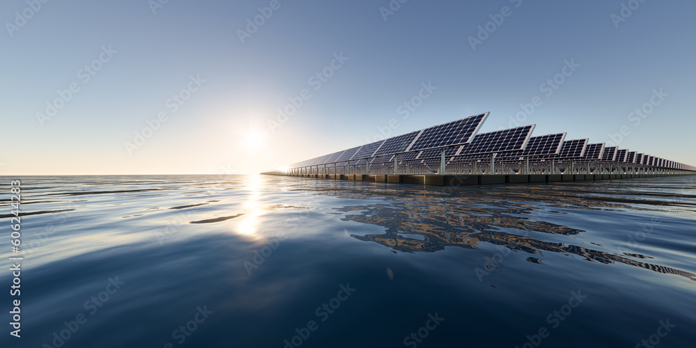 3d rendering of floating solar, floatovoltaics or solar farm consist of ...