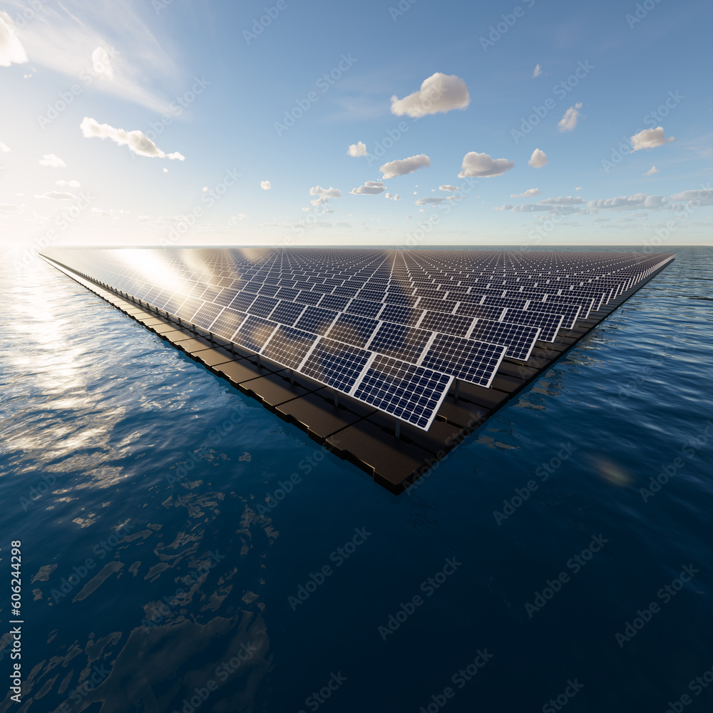 ภาพประกอบสต็อก 3d rendering of floating solar, floatovoltaics or solar ...
