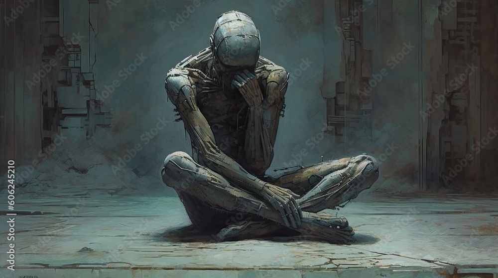 A depressed worn-out sculpture sitting on concrete with a sad face ...