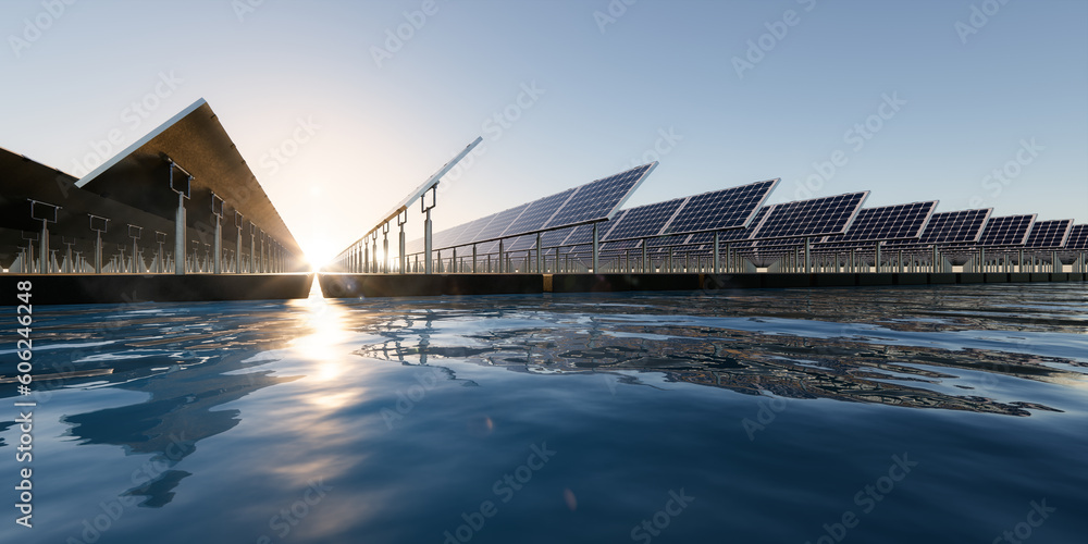 3d rendering of floating solar, floatovoltaics or solar farm consist of ...