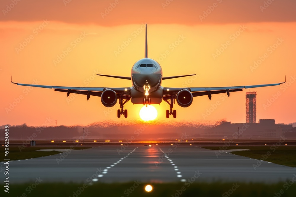A large jetliner taking off from an airport runway at sunset or dawn ...