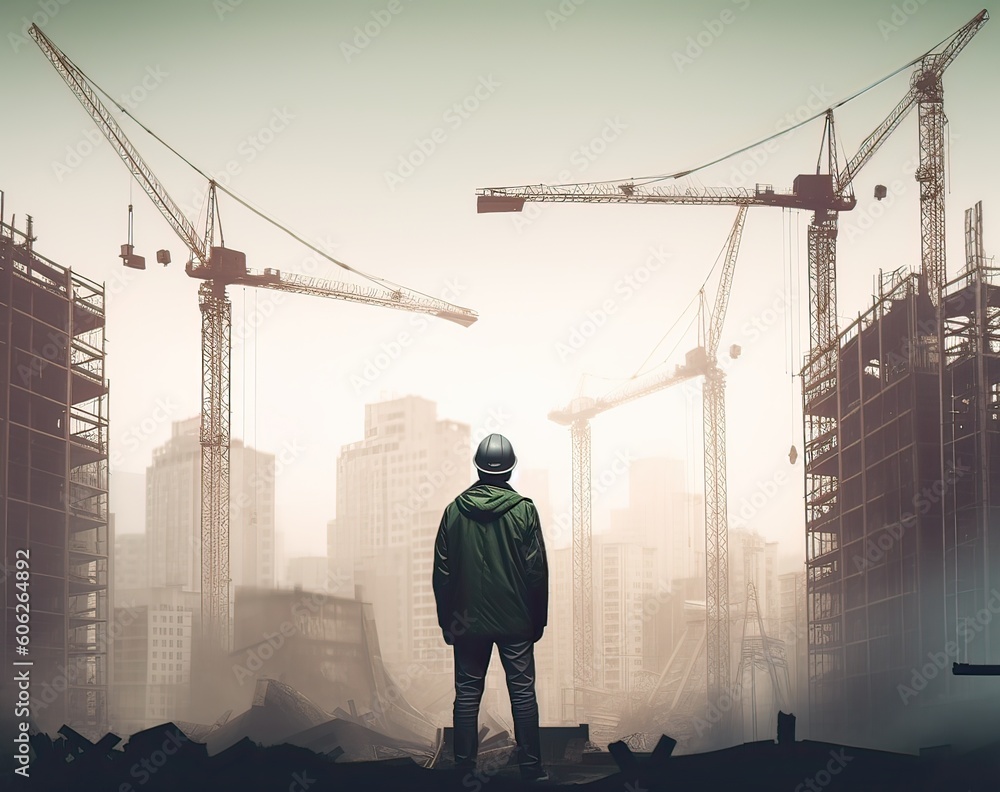 Construction concept. at back of the construction worker head which is ...