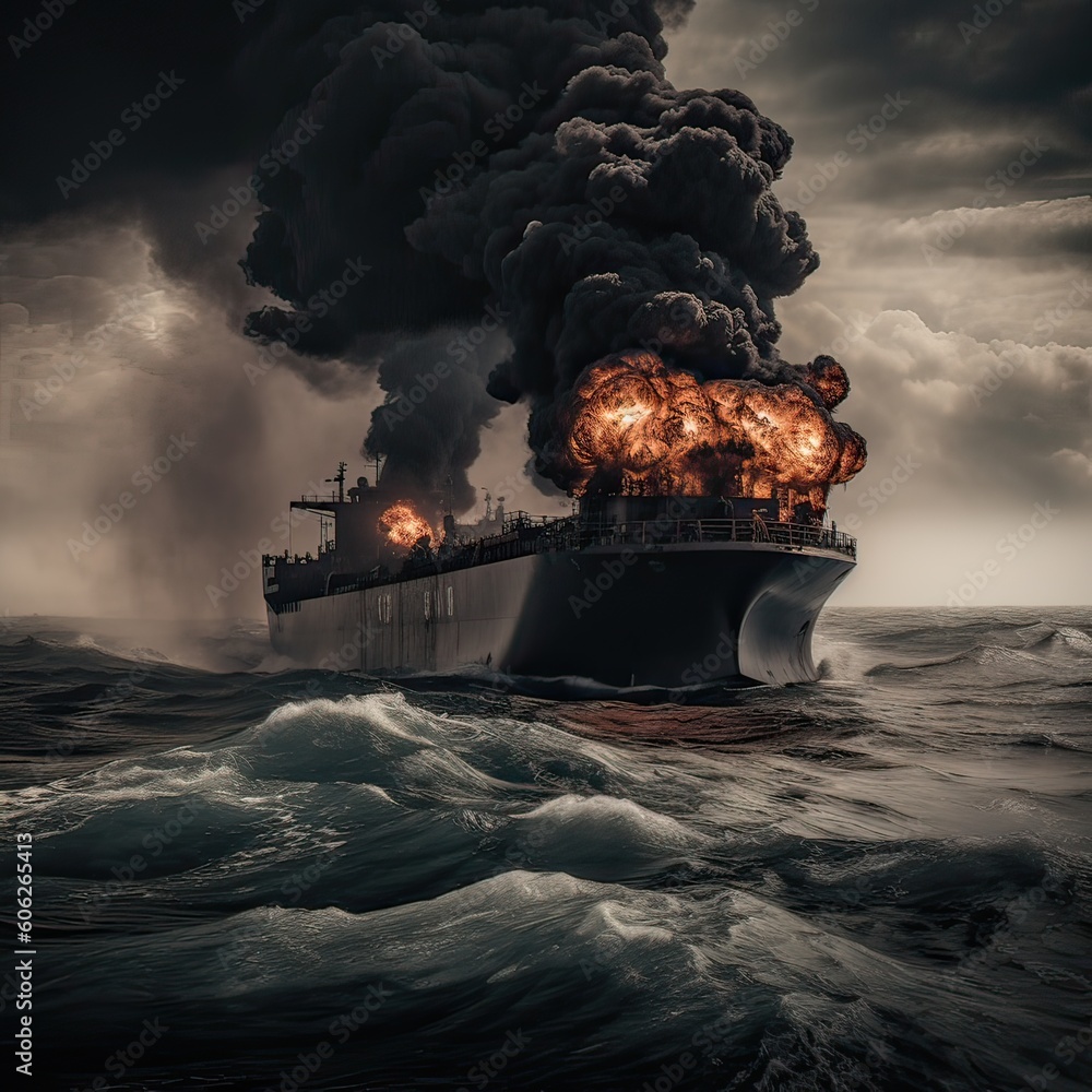 Fire on a cargo ship. A ship carrying liquefied gas is engulfed in ...