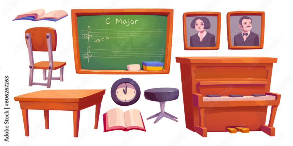 Cartoon children school music classroom with piano isolated furniture ...
