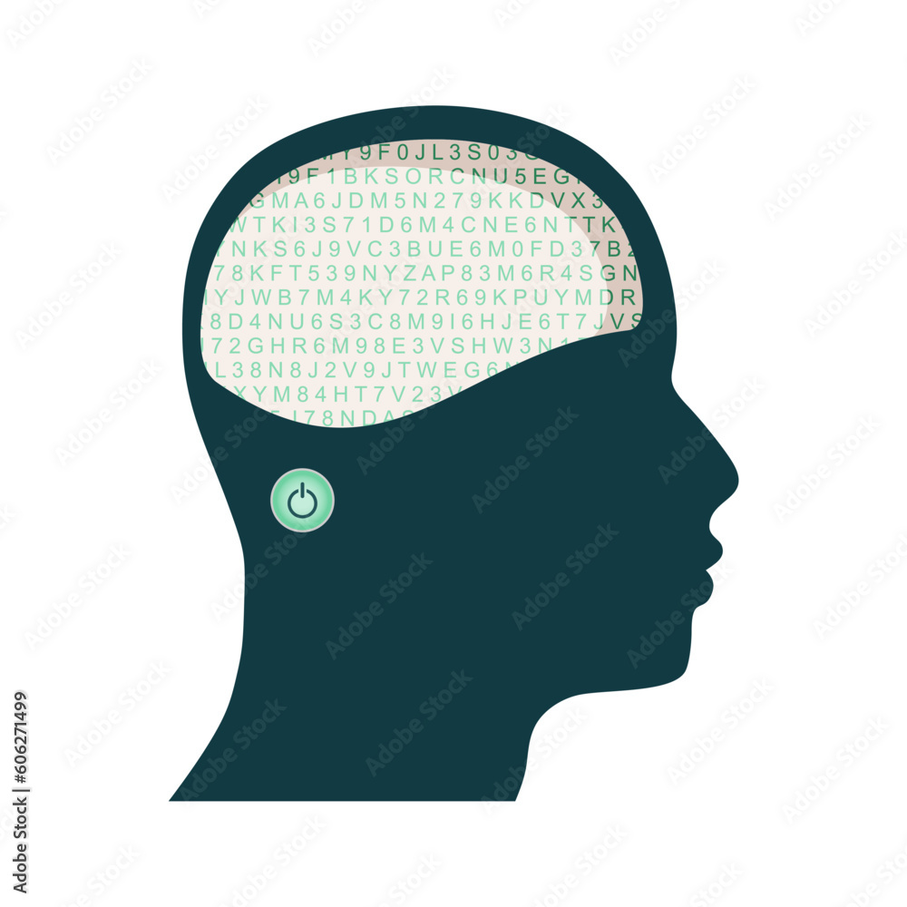 Silhouette of a man head textured by machine code. Scientific and ...