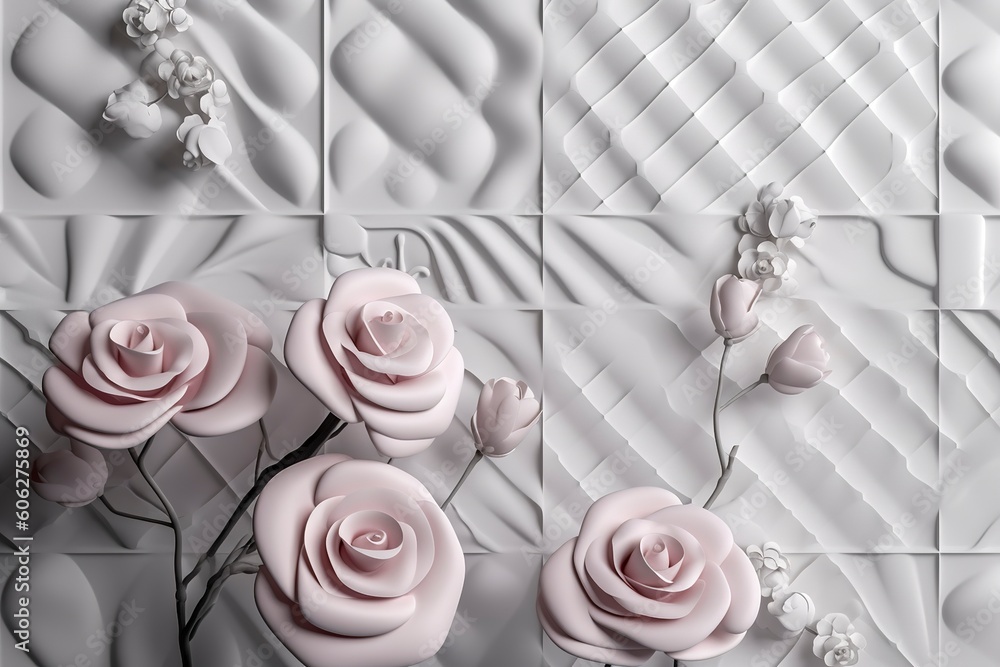 3d classic wallpaper. rose flowers on a light gray background with ...