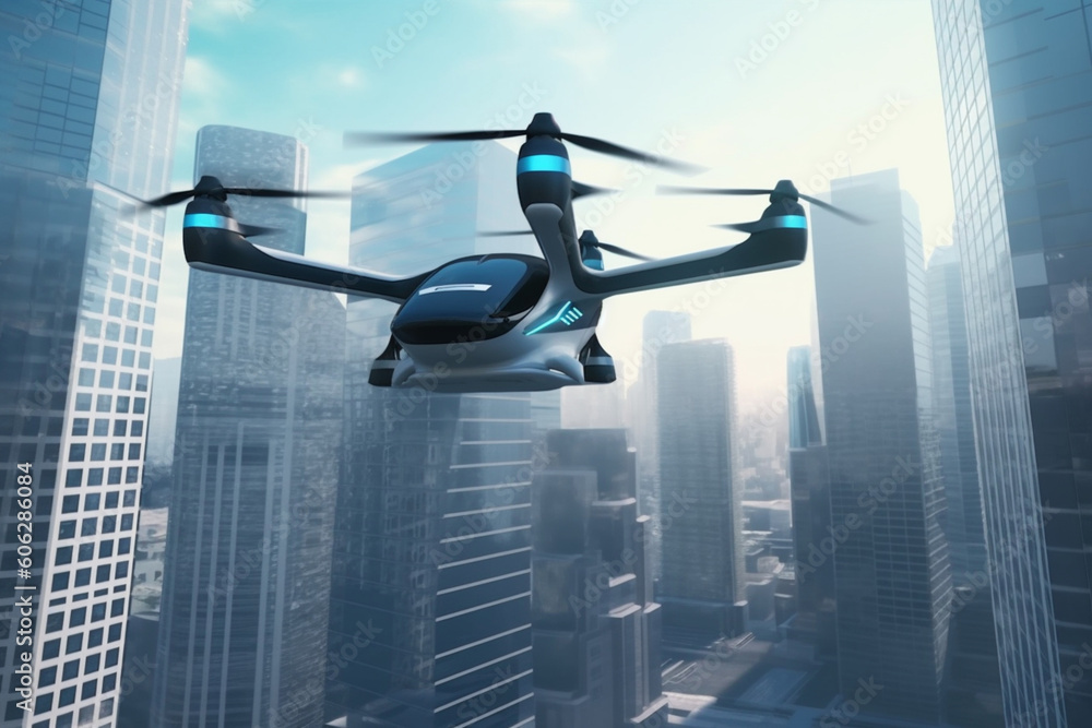 EVTOL Electric Vertical Take Off and Landing Aircraft Flying Through ...