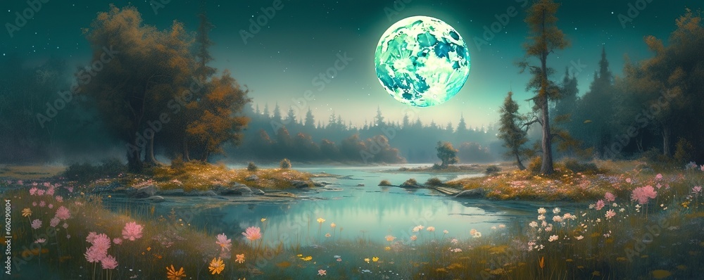 night landscape environment harvest moon over a glittering lake lush ...