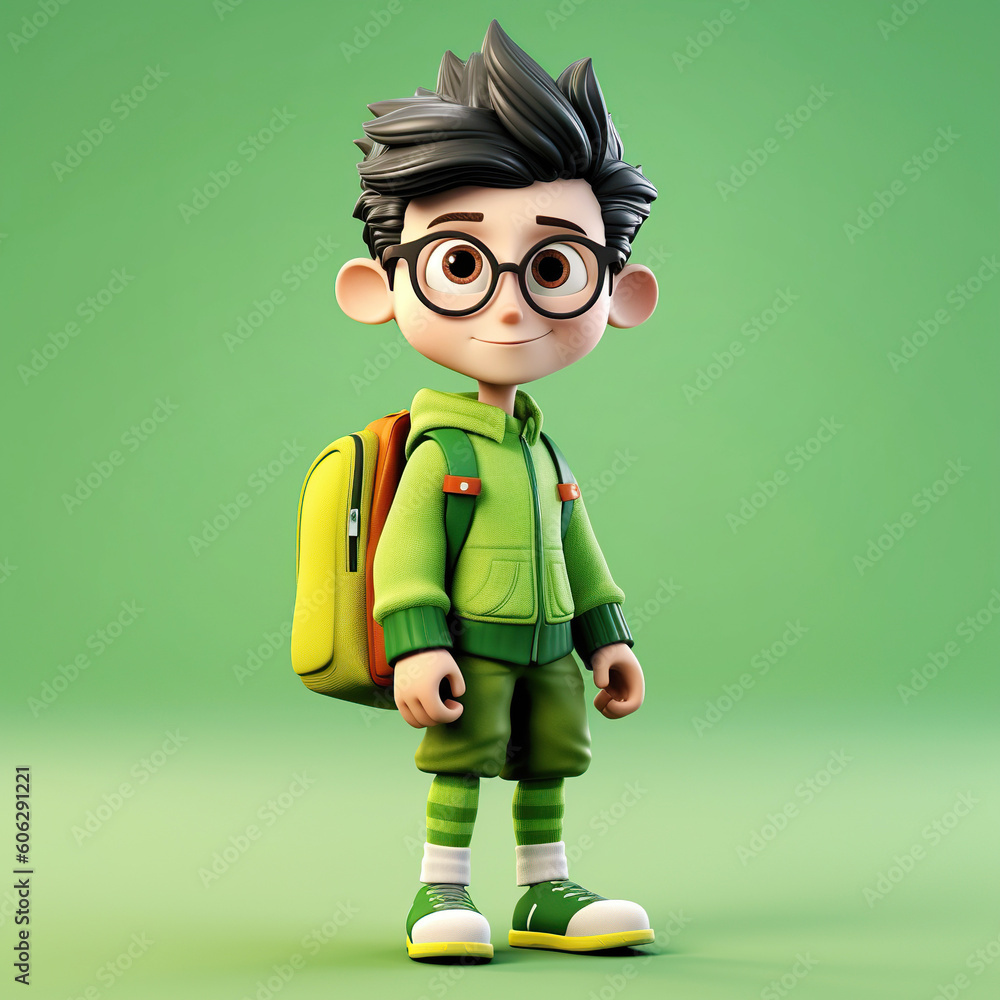 cartoon character schoolboy with backpack on green background, boy ...