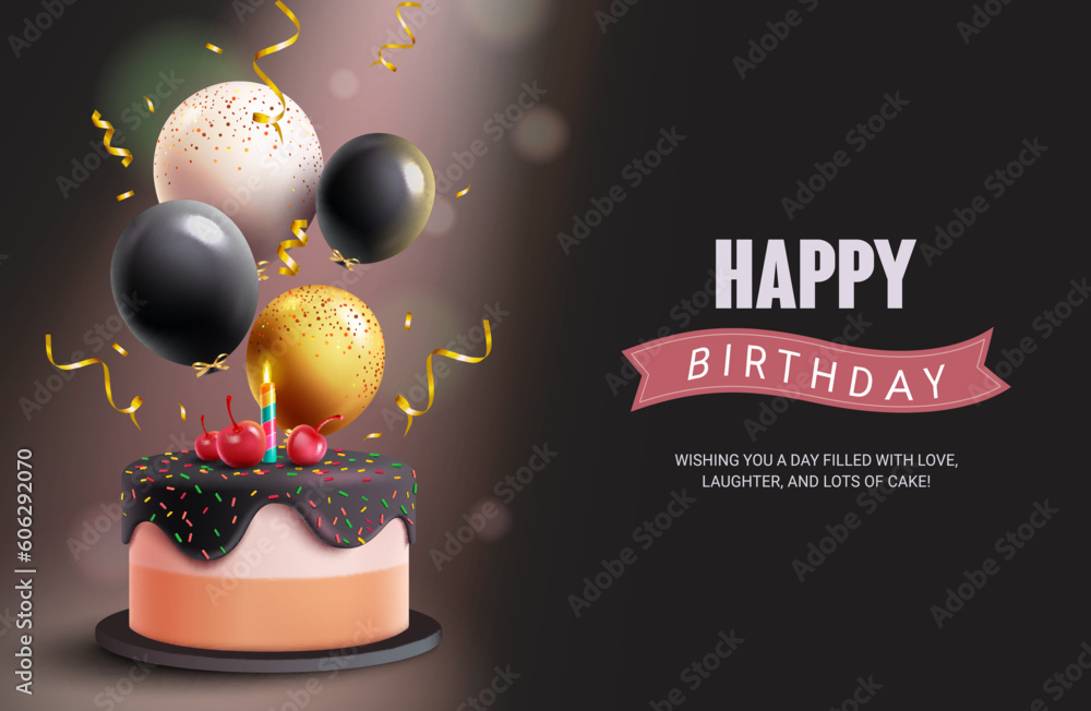 Happy birthday text vector template. Birthday cake with balloon and ...