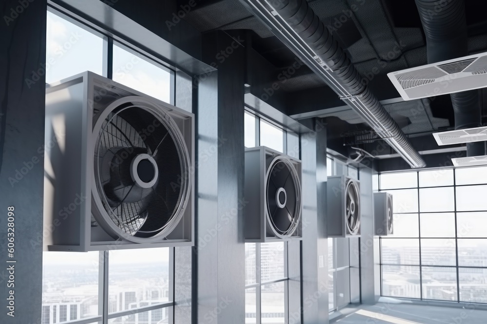 ventilation system, with fans and vents, in modern office building ...
