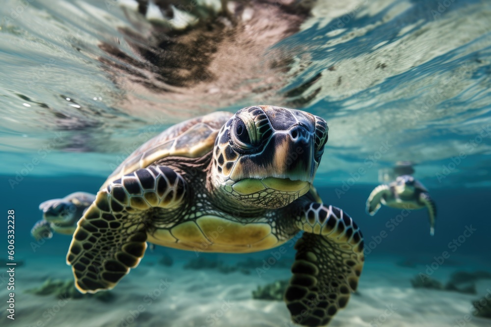 baby sea turtle swimming in the ocean, with its mother in the ...