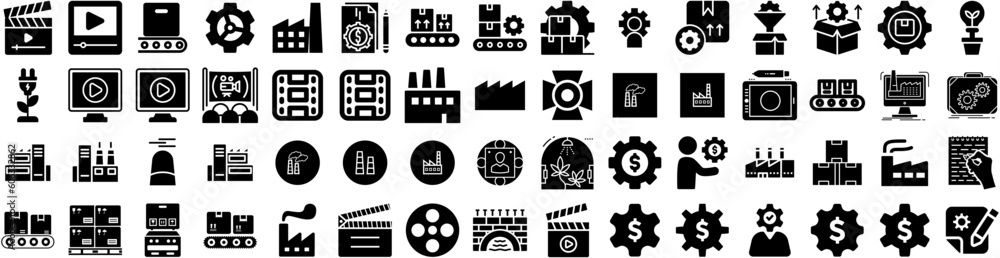 Set Of Production Icons Isolated Silhouette Solid Icon With Video ...