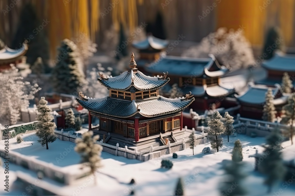 Chinese monastery in winter mountains with snow. Diorama Architecture ...