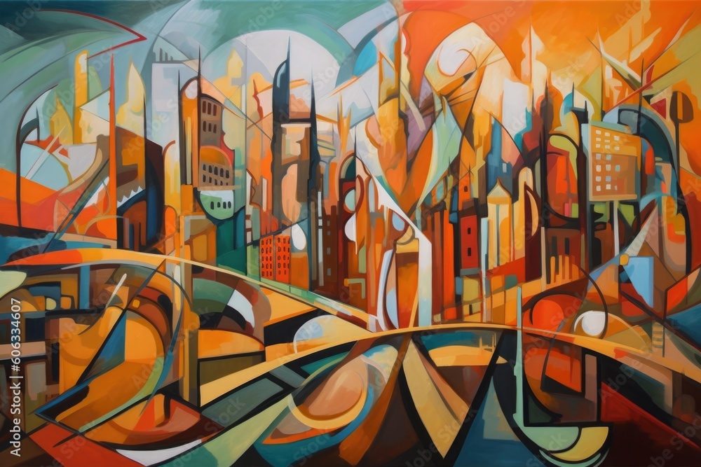 cubism-inspired painting of abstract cityscape, with buildings and ...